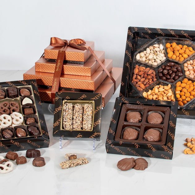 4 Tier Parve Executive Indulgence Chocolate & Nuts Gift Tower – Gourmet ...