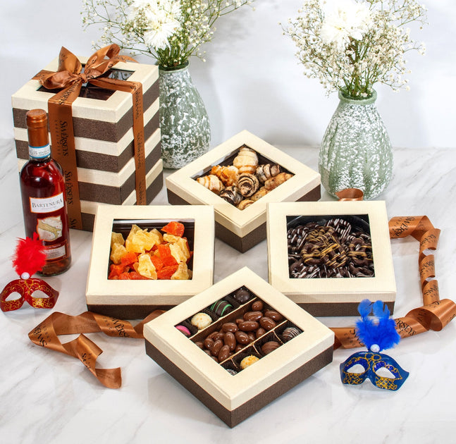 Deluxe 4-Tiered Purim Gift Box Tower with Wine OU-D – Gourmet Kosher ...