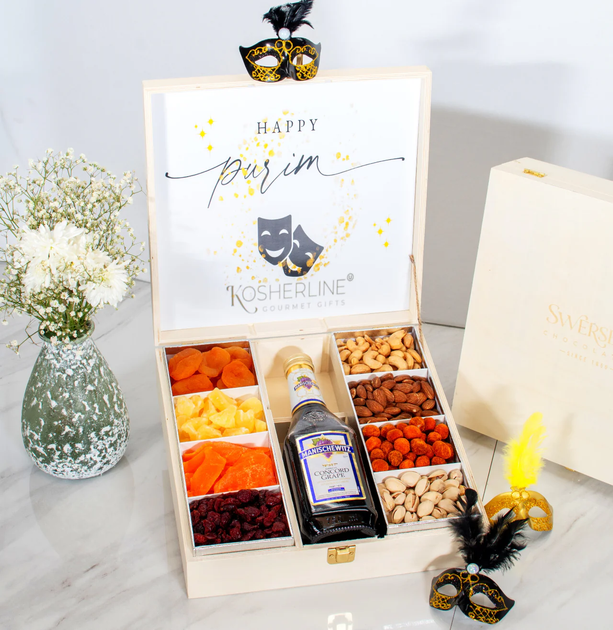Deluxe Keepsake Wood Gift Box Traditional Wine with Happy Purim Art ...