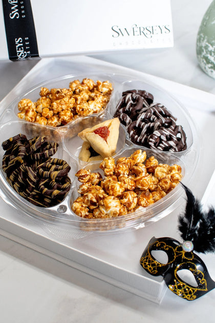 Purim Gift Box Gourmet Chocolate Drizzle Pretzels & Carmel Glazed Popc ...